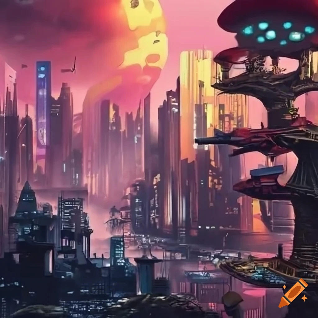 Futuristic cyberpunk tree city and mushroom city on Craiyon