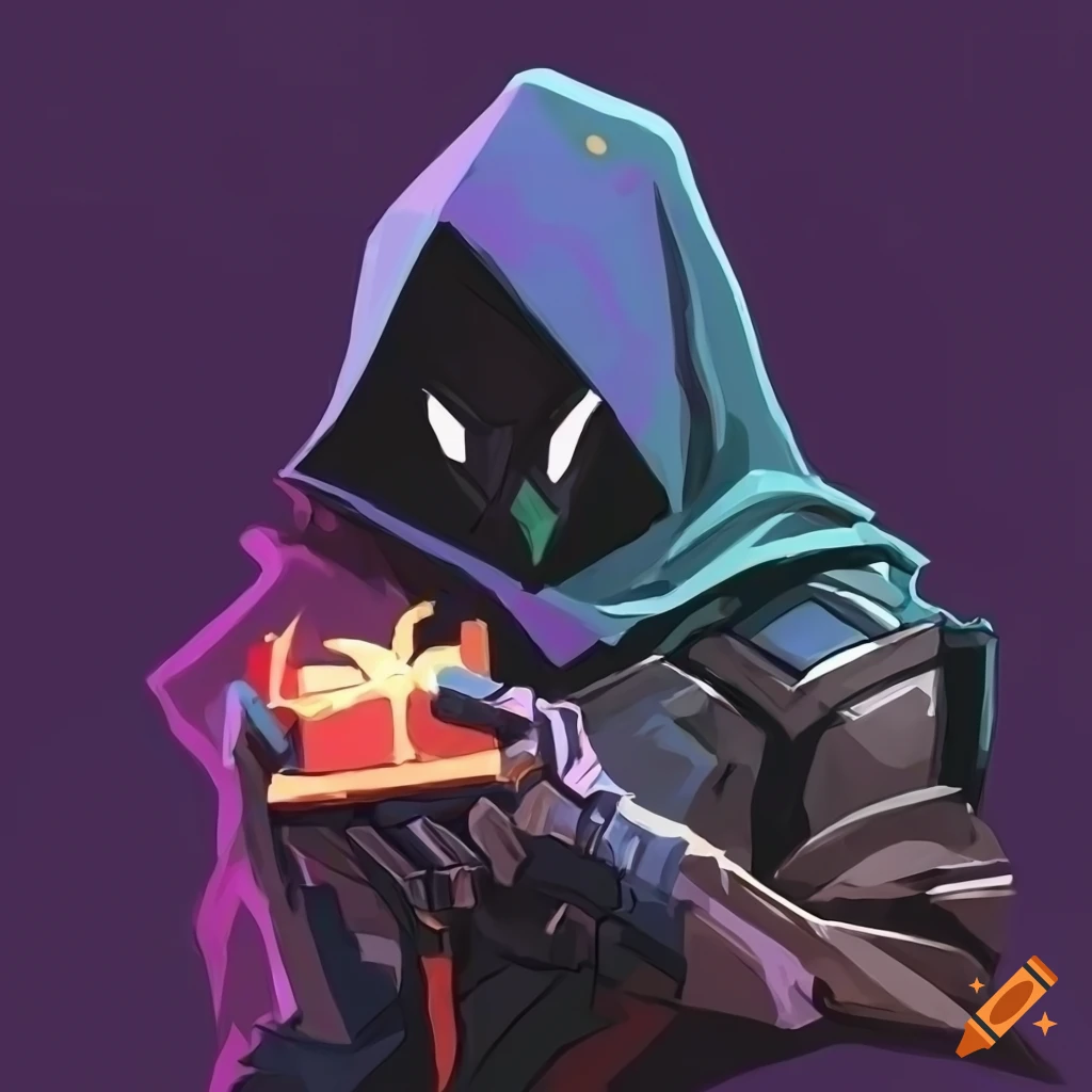 Omen, the valorant character, holding a birthday gift on Craiyon