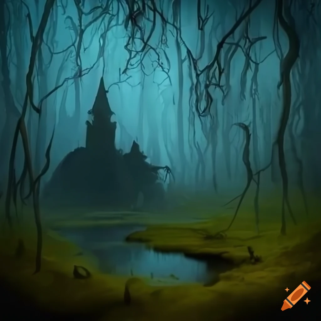 Gloomy and highly detailed fantasy bog in clear 4k resolution on Craiyon