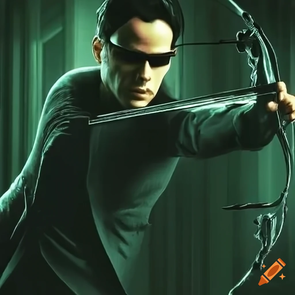 Neo from matrix aiming with a bow on Craiyon
