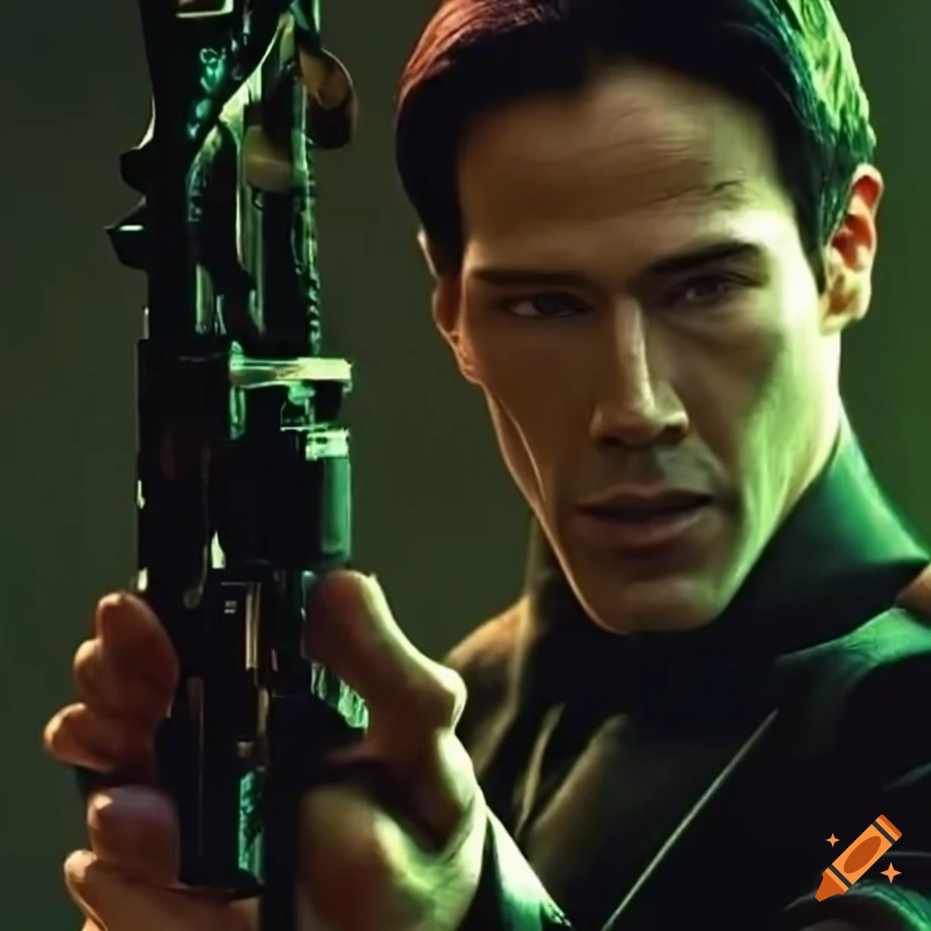 Neo from matrix aiming with a bow on Craiyon