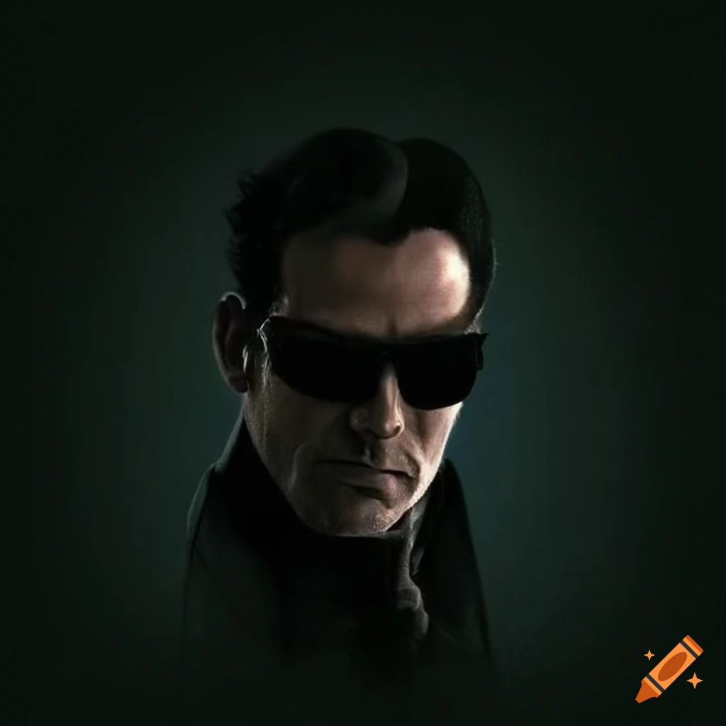 Character neo from the matrix with sunglasses and a gun on Craiyon