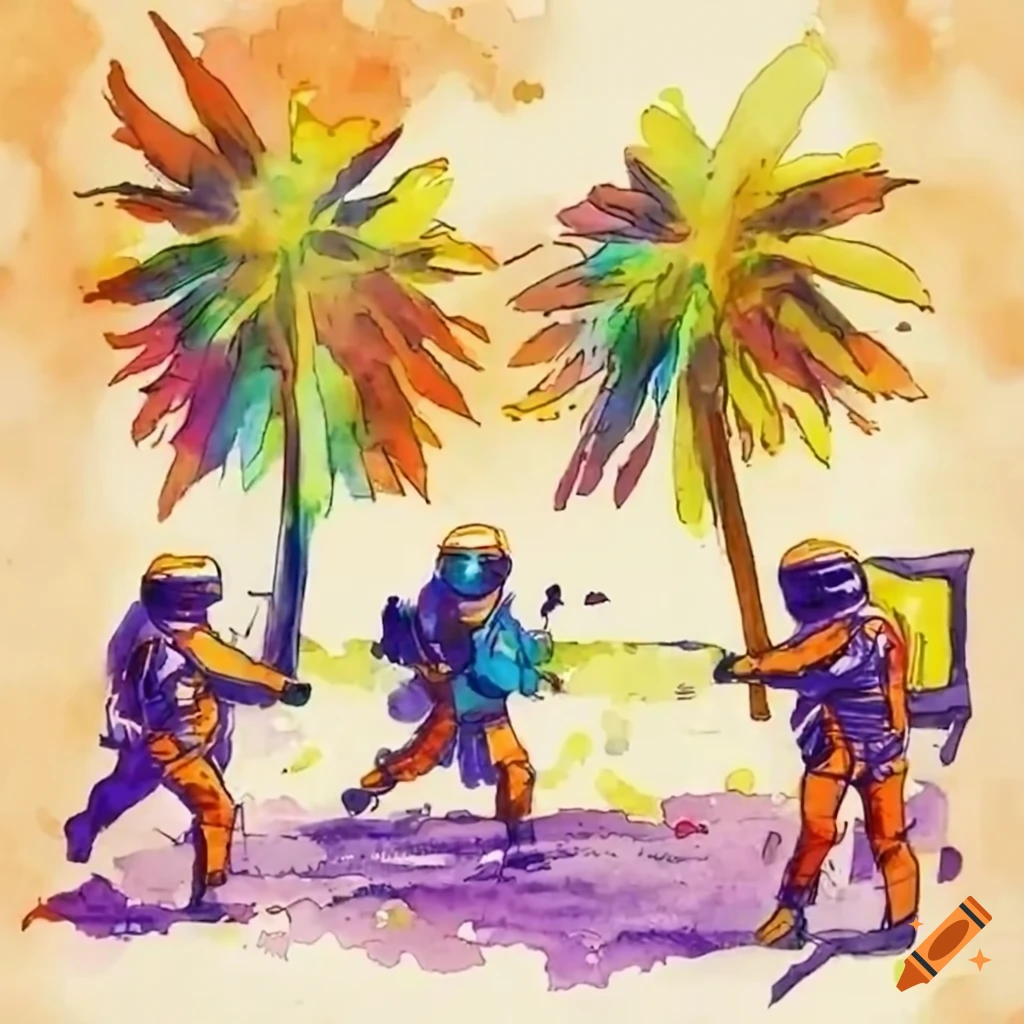 Comic with palm trees and astronauts in a fight on Craiyon