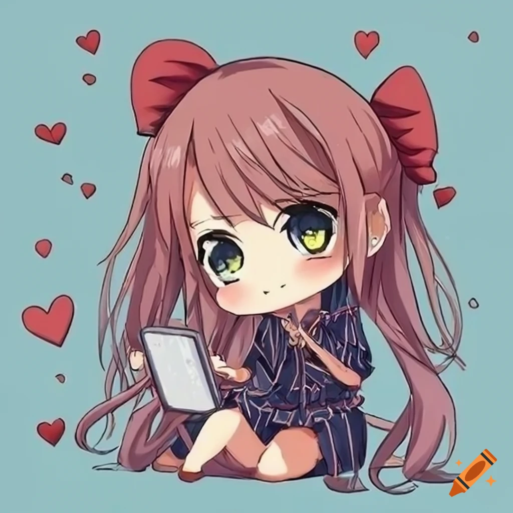 Anime chibi expressing love for a phone on Craiyon