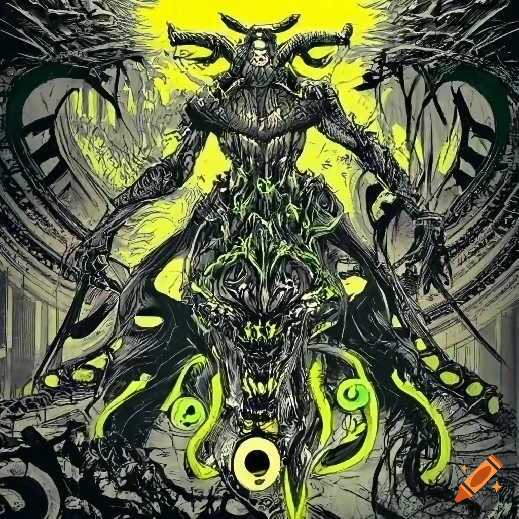 Neon yellow and black and white art with demonic and fantasy elements ...