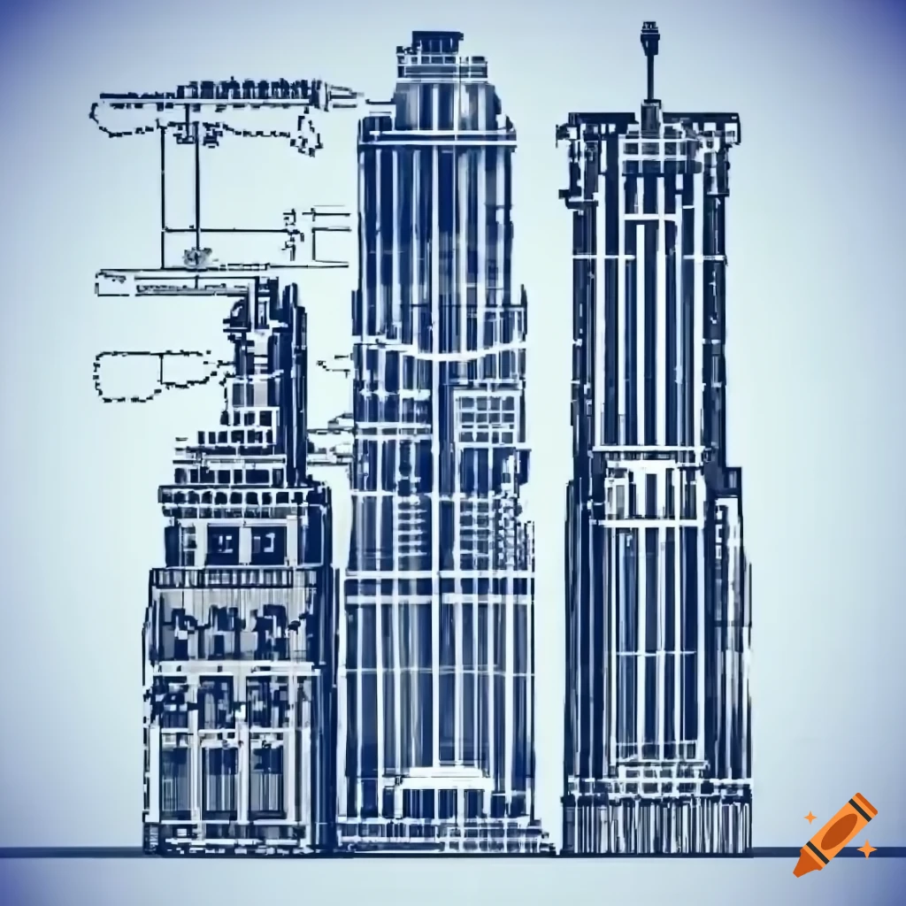Highly detailed blueprint plans of a minecraft skyscraper with redstone ...