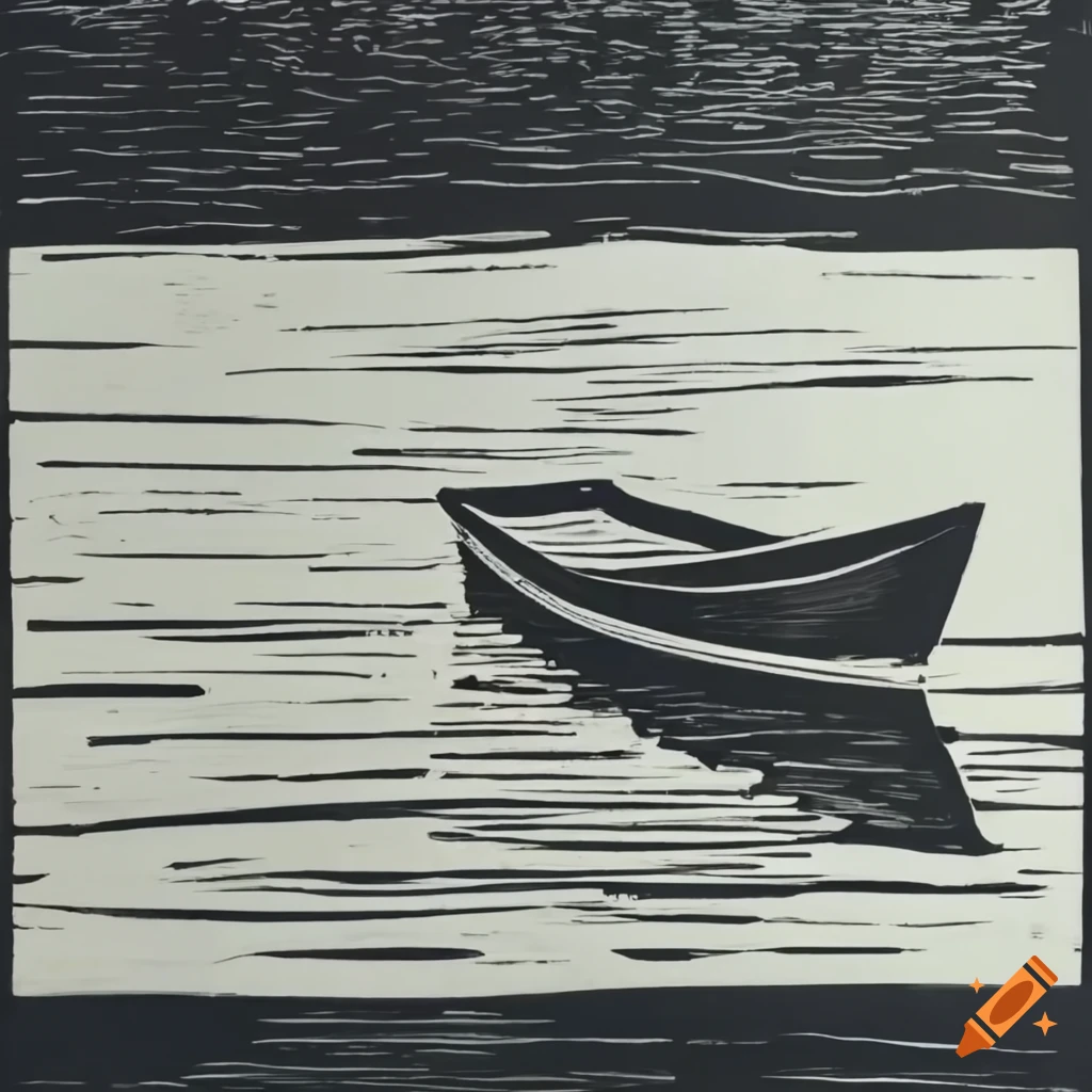 Grayscale high contrast linocut boat on a lake by the woods on Craiyon