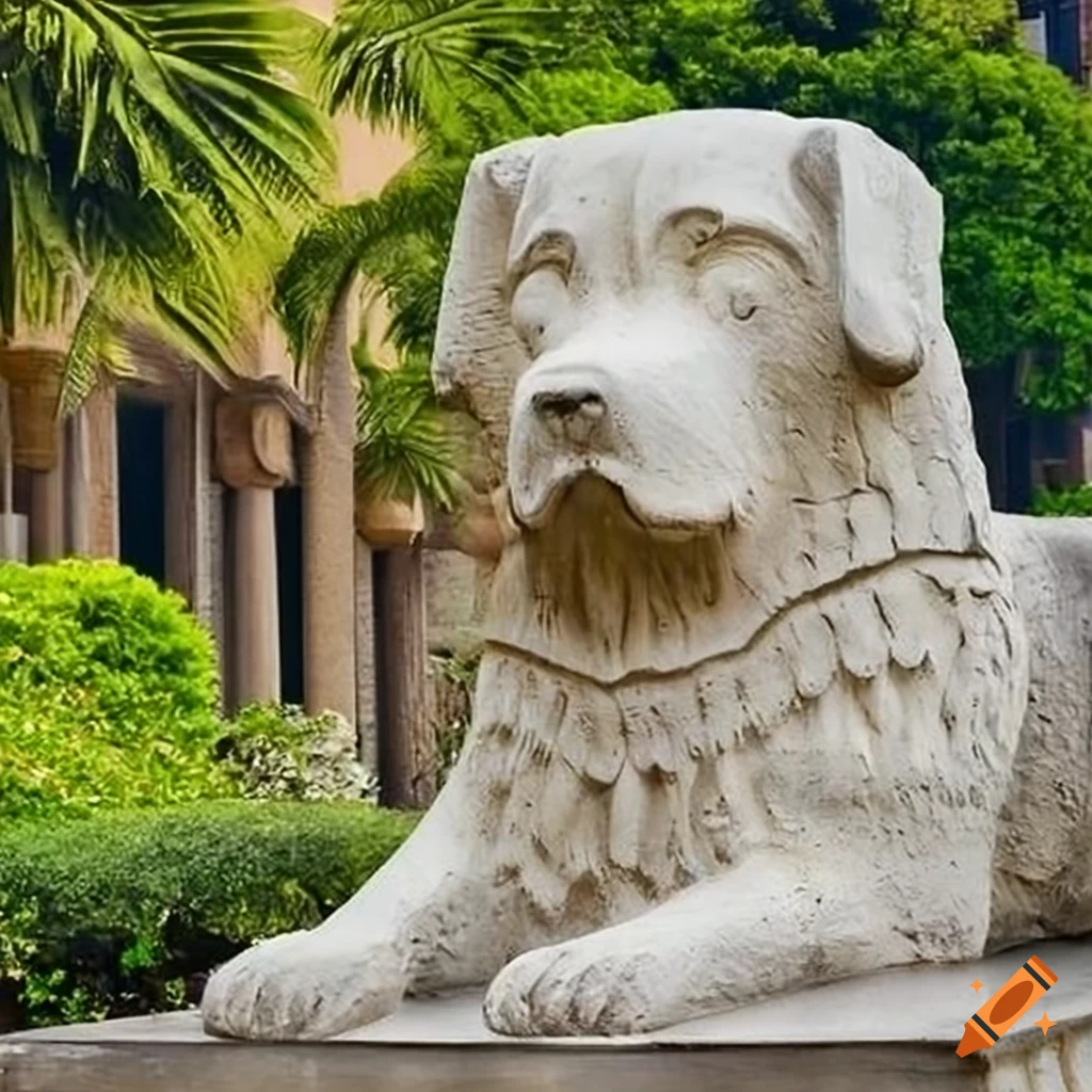 Limestone giant dog statue with palm trees on Craiyon