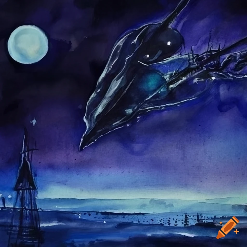 Alien ships in a nighttime watercolor painting on Craiyon