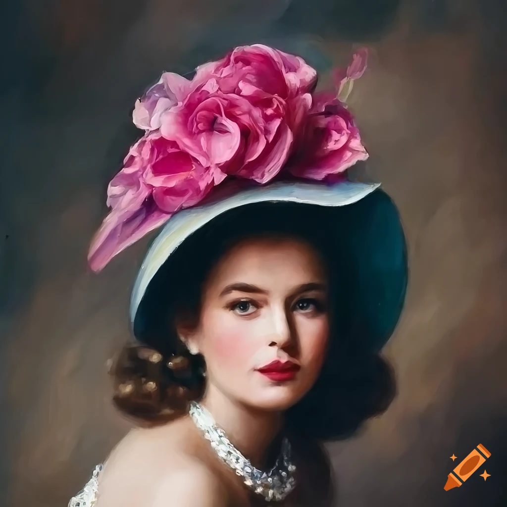 Dreamy portrait of young Rosalind Shand with an elegant hat on Craiyon