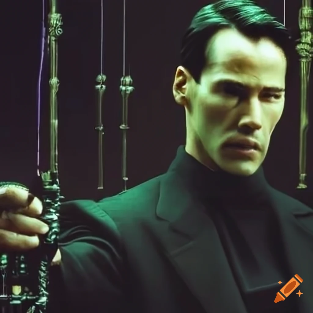 Neo from matrix aiming with a bow on Craiyon