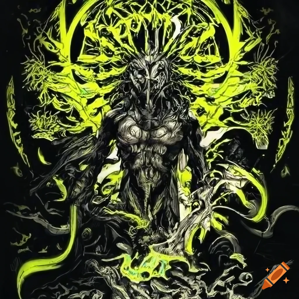 Neon yellow and black and white art with demonic and fantasy elements ...