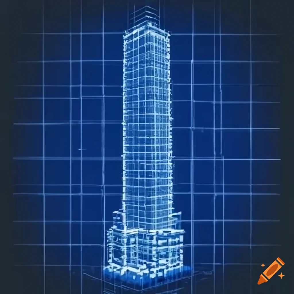 Minecraft skyscraper blueprint on black and white grid paper with 2d art style on Craiyon