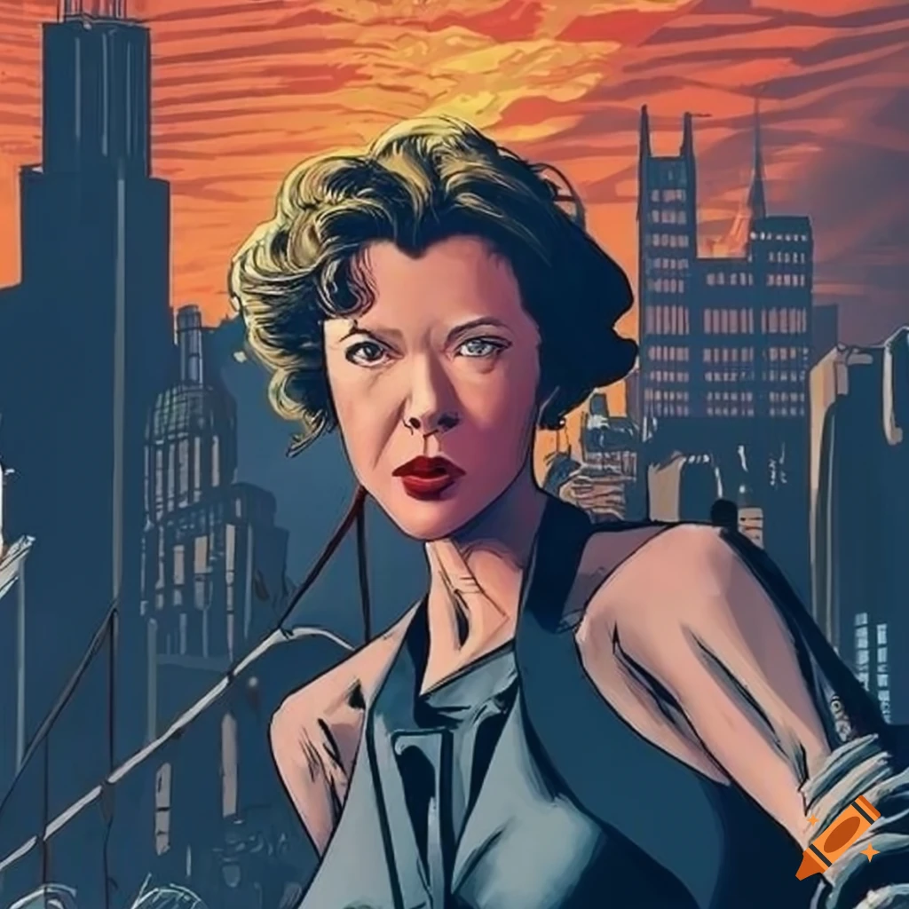 Annette Bening as femme fatale in Frank Miller style comic against city ...