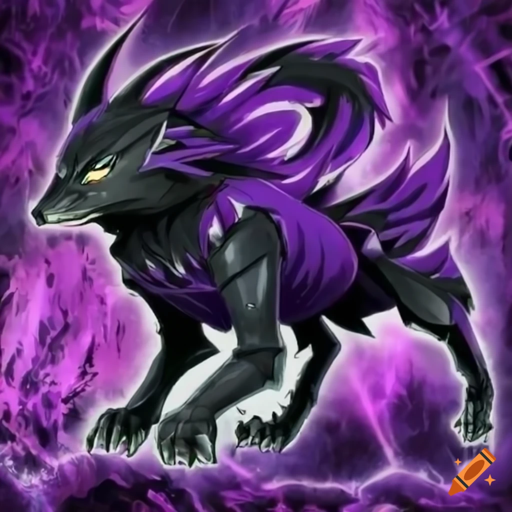 Black and purple quadrupedal wolf with armor in a Yu-Gi-Oh setting on ...