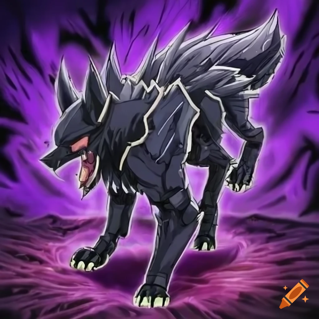 Black and purple armored wolf in a yu-gi-oh setting on Craiyon