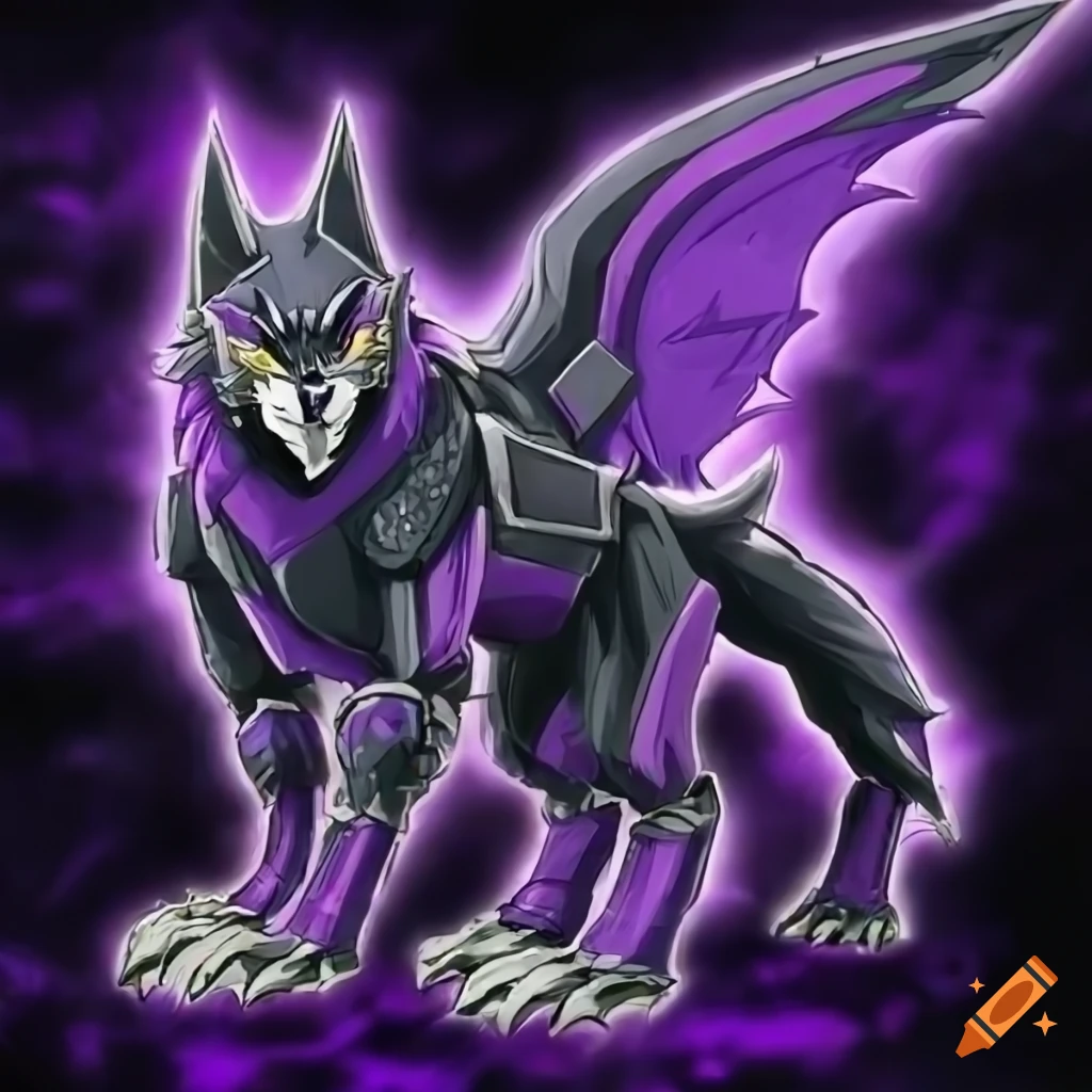 Black and purple quadrupedal wolf with armor in a yu-gi-oh setting on ...