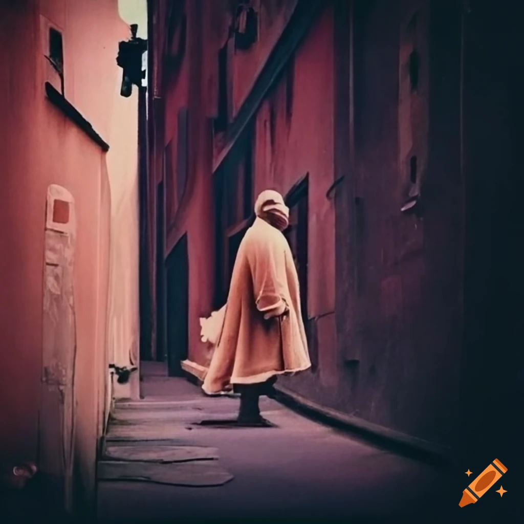1970 stained polaroid of hairy character walking in a european alley on ...