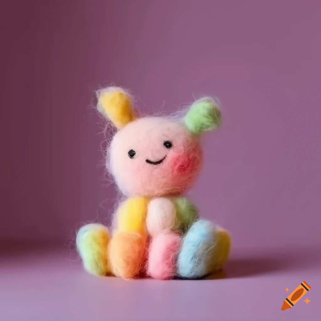 Fuzzy felted wool creature on pastel striped chair against a white ...