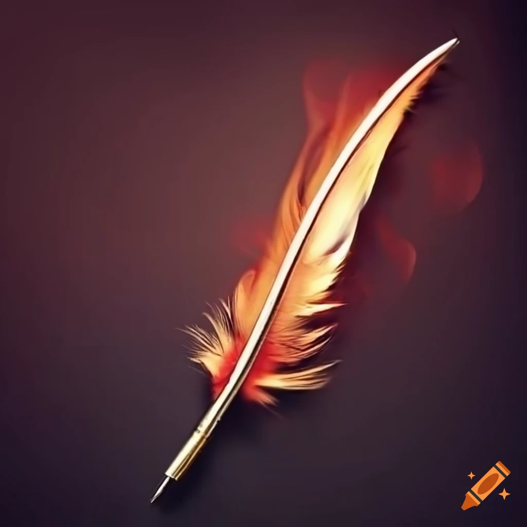 Feather pen with burning ideas on a black background on Craiyon