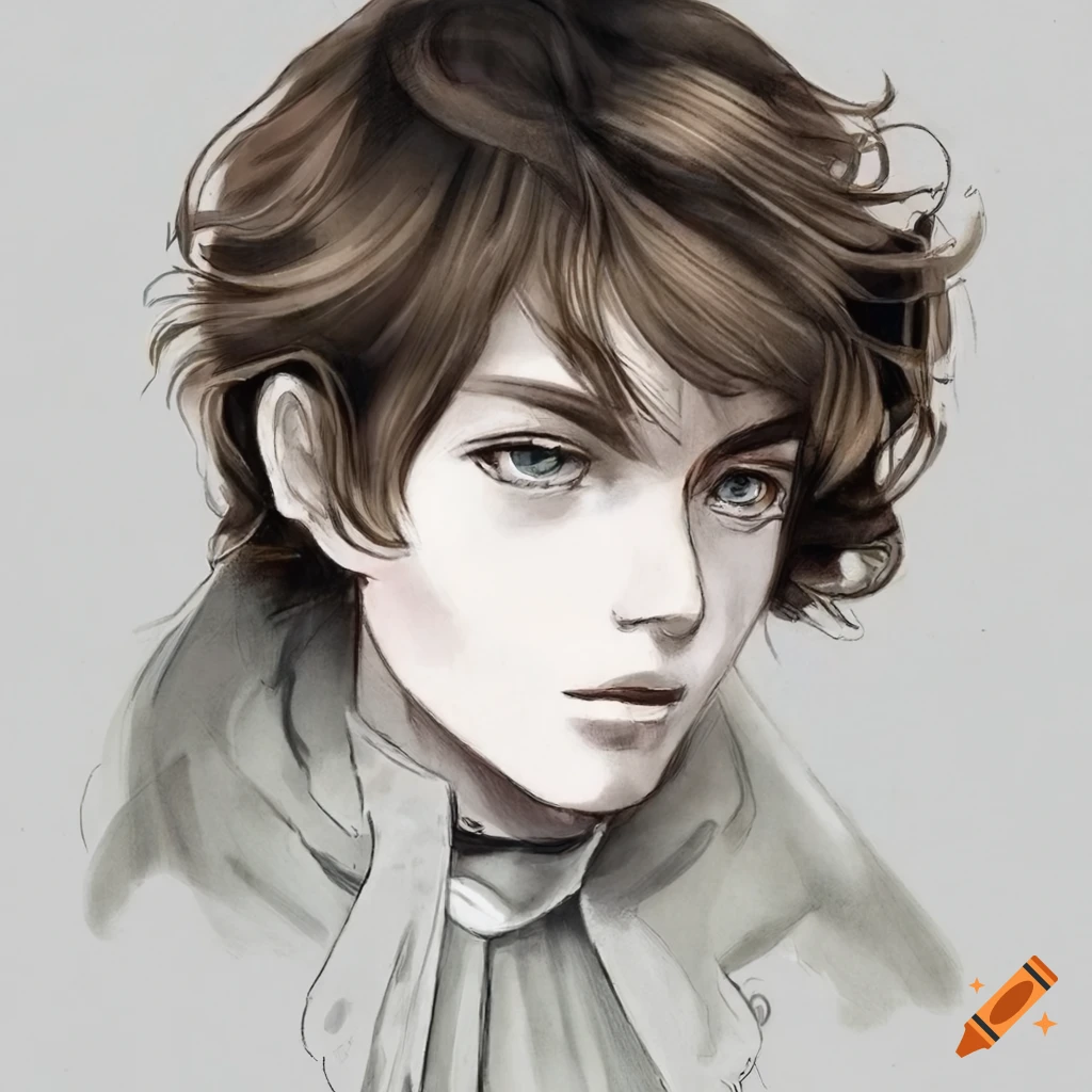 Charming young man in vintage fashion coat in 1800s style pencil art on ...