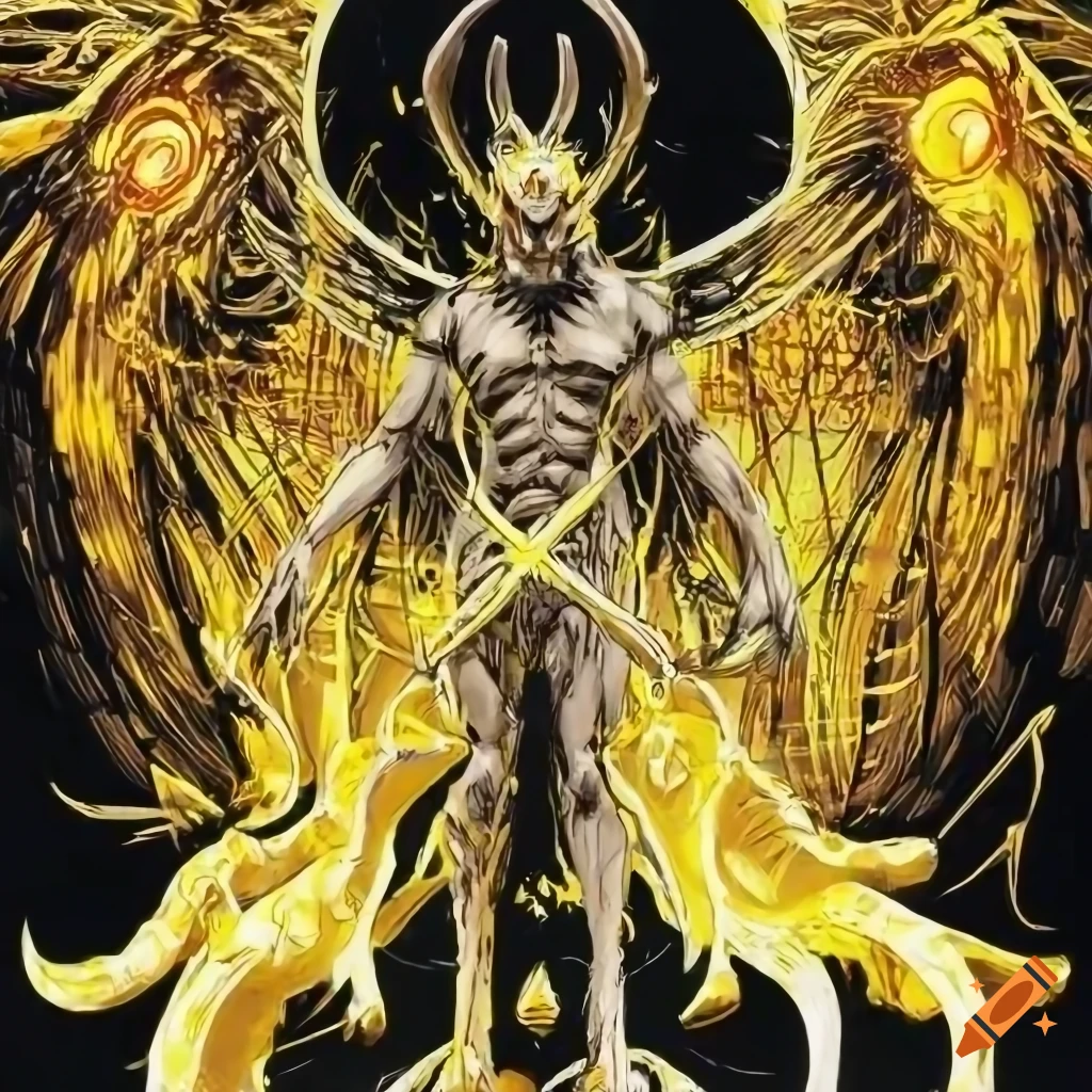 Neon orange and yellow demonic baphomet with wings and a beautiful male ...