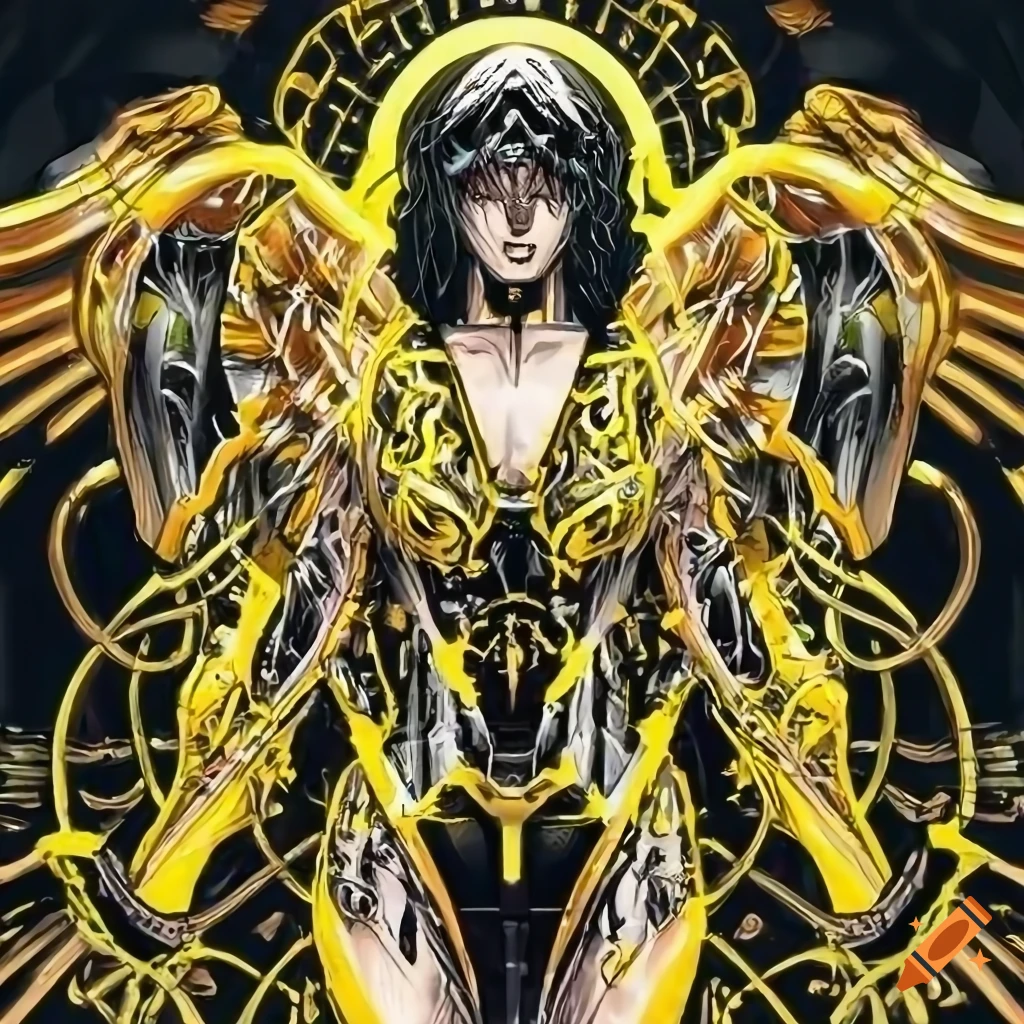 Demonic biomechanical angel with a beautiful female face in neon colors ...