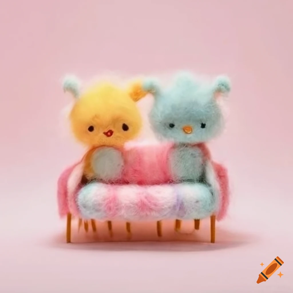 Cute fuzzy felted wool creature on a striped sofa against a white ...