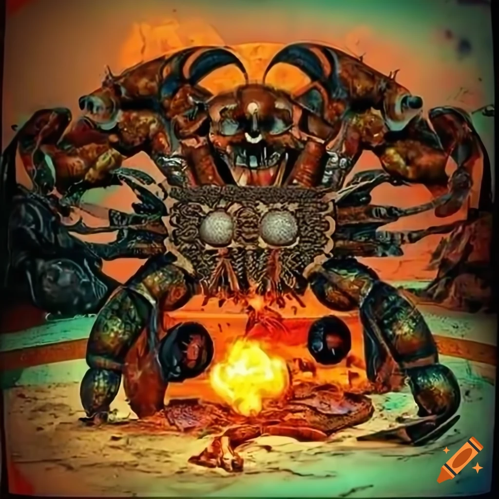 Steampunk machines with crab legs and television screen on a beach on ...