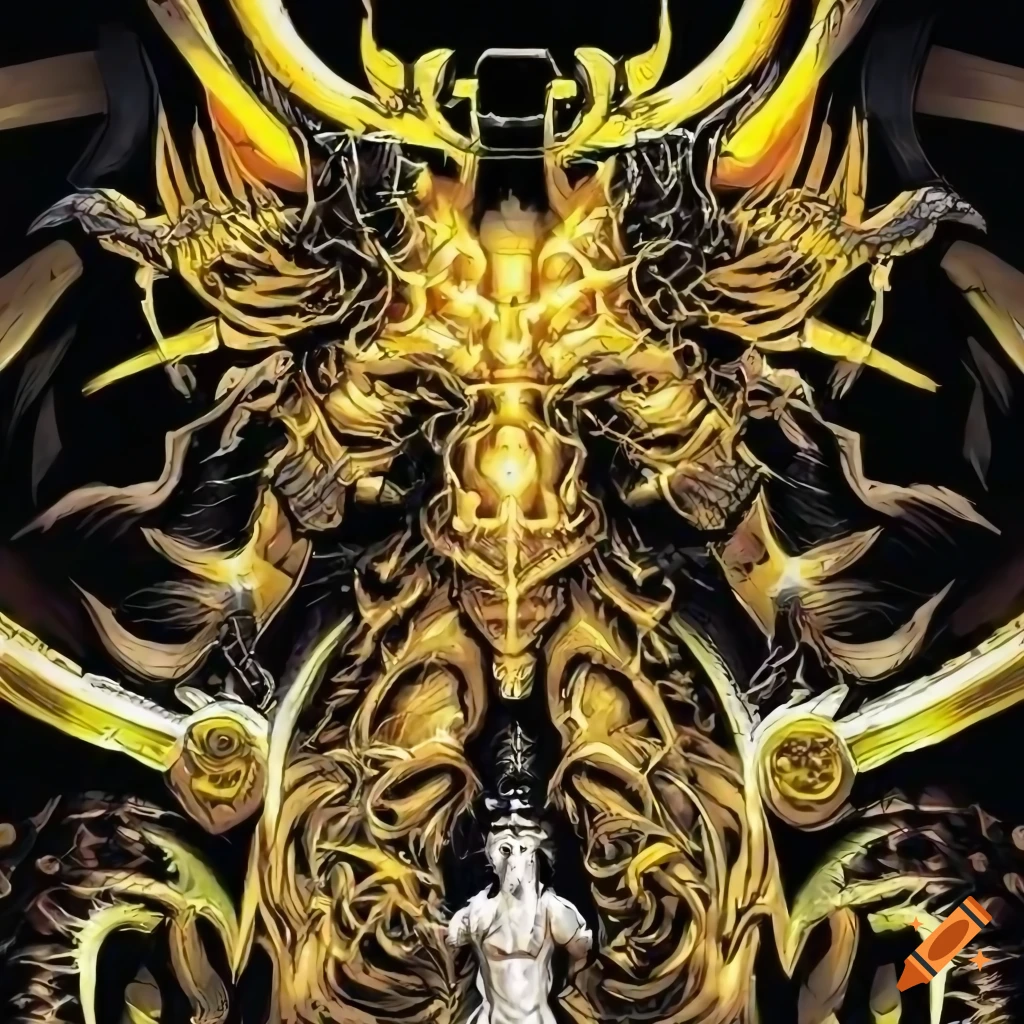 Neon orange and yellow demonic dragon artwork with angel apostle in a ...