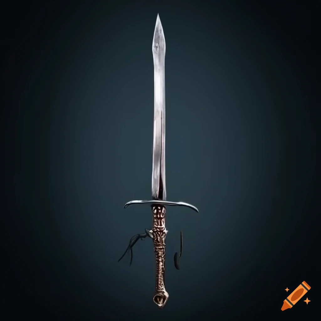 Sophisticated double-edged sword with a metal shield in the foreground ...