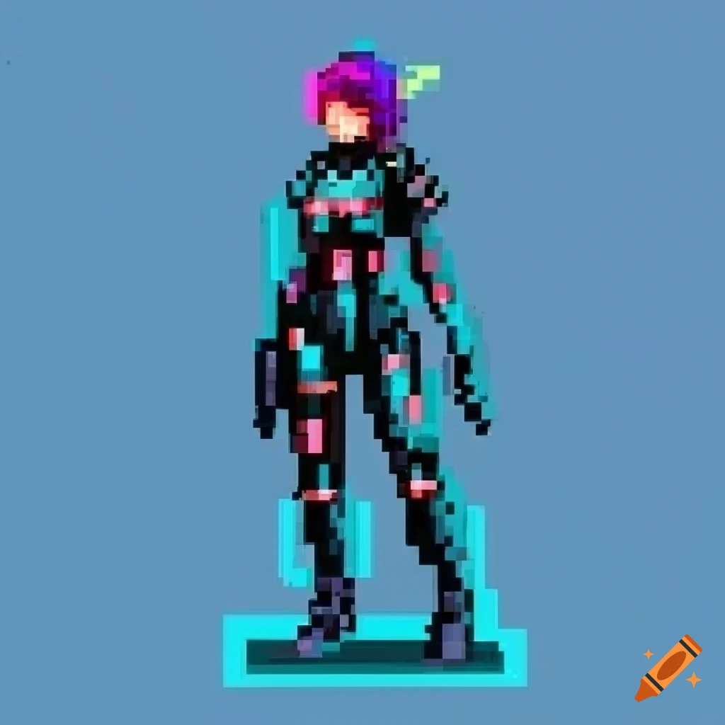 Pixel art of a cute cyborg android girl in scifi robotic armor and colorful hair on Craiyon