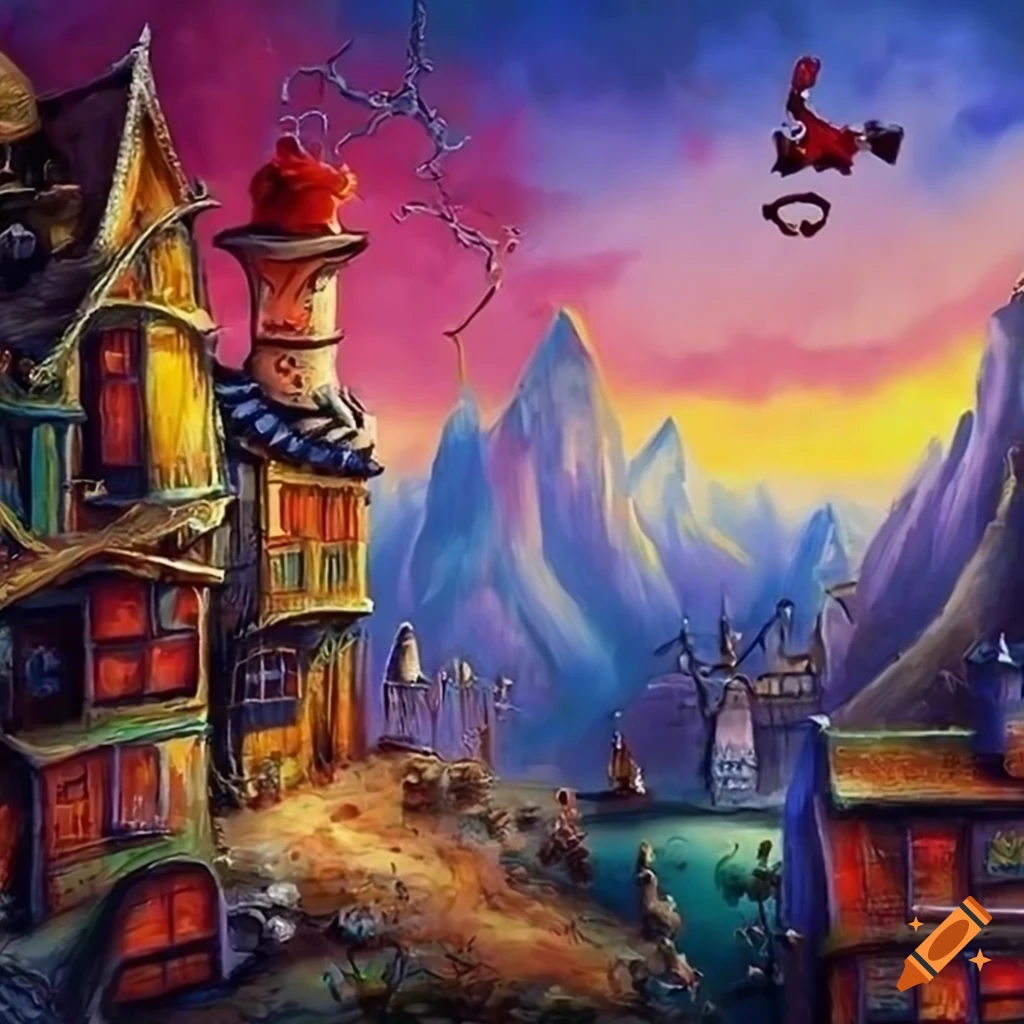 Steampunk village among the mountains inspired by Dr. Seuss and Tim ...