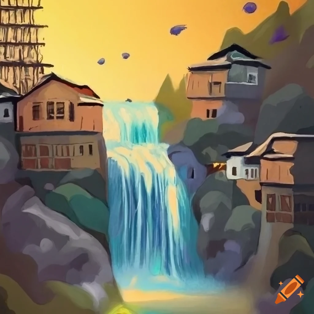 Waterfall flowing into hydroelectric plant with traditional Mizo houses ...