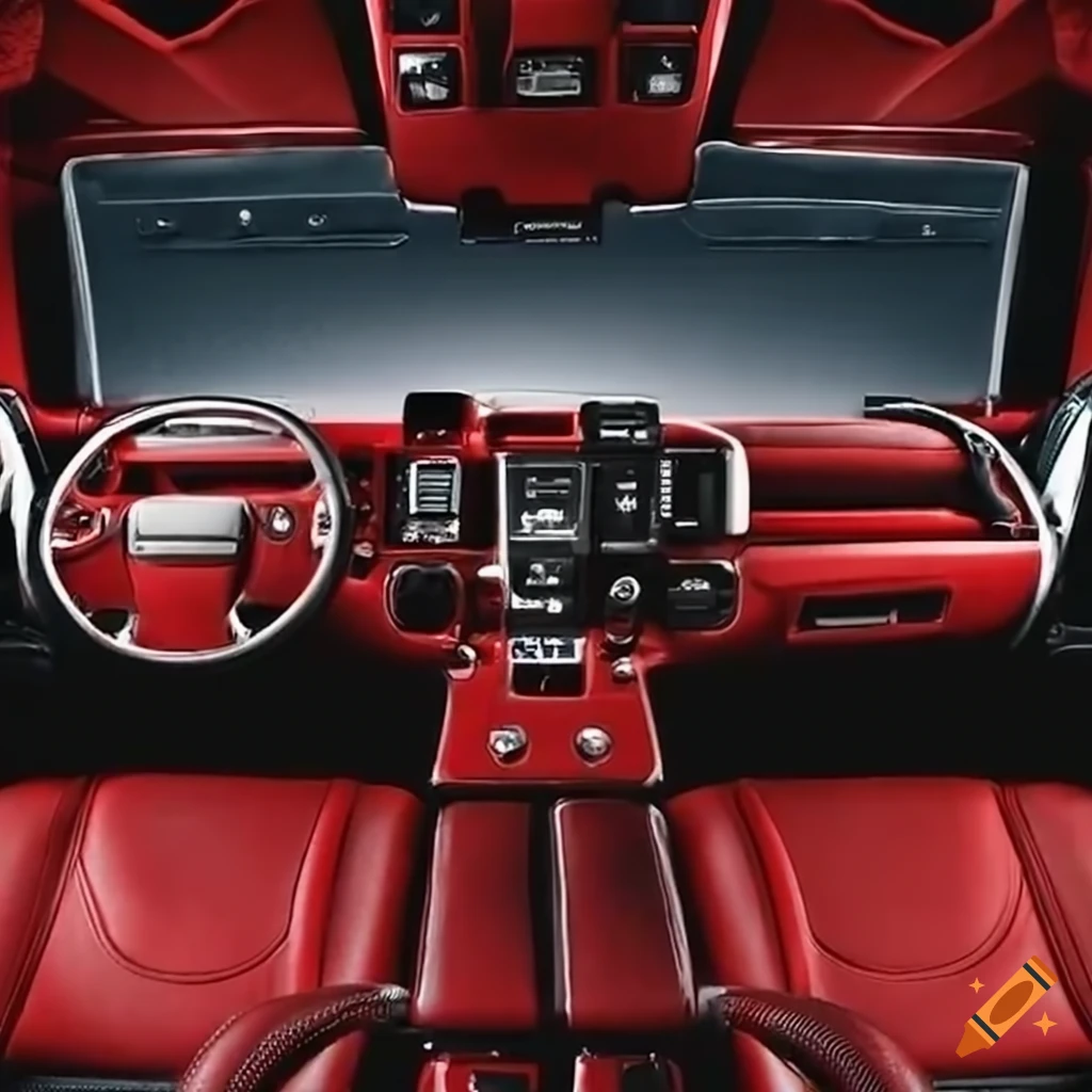 Red leather truck cockpit seats and tech-filled dashboard on Craiyon