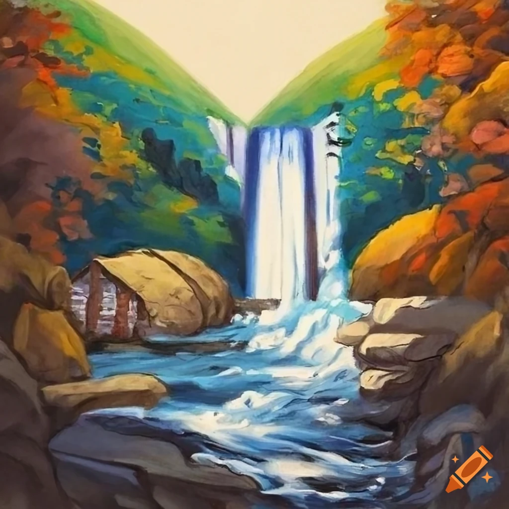 Waterfall flowing into hydroelectric plant with traditional Mizo houses ...