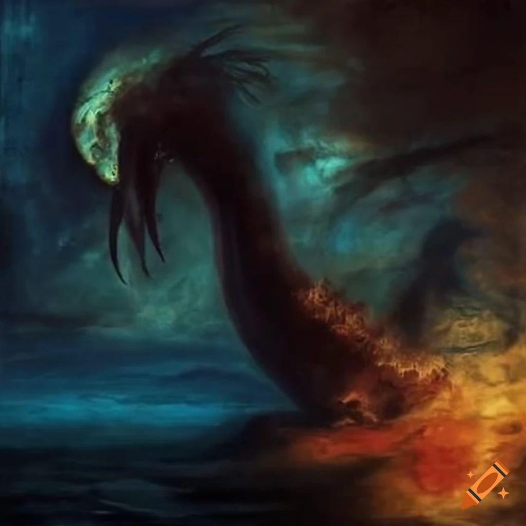 Atomic leviathan sea monster emerging from a blood ocean under an ...