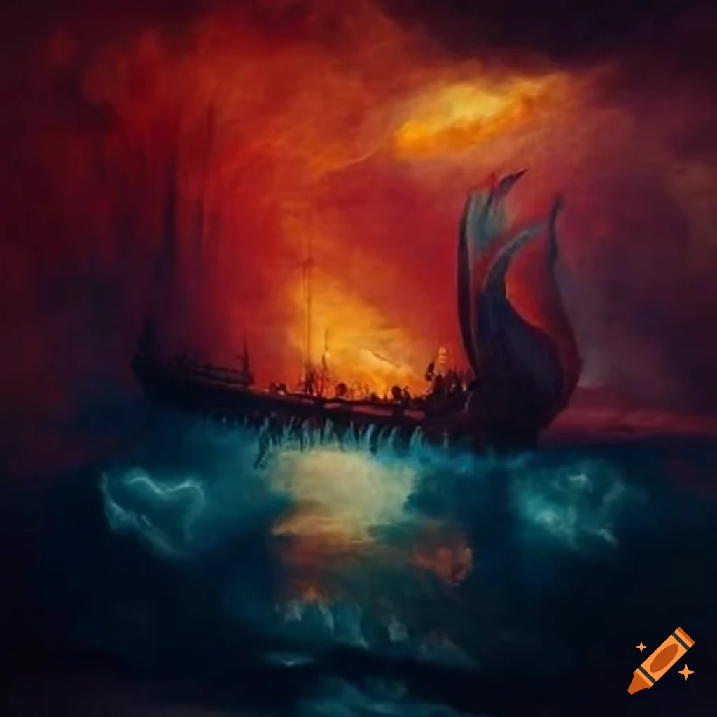 Cursed Grokstad Viking Longship sailing into Ragnarok on a sea of fire ...