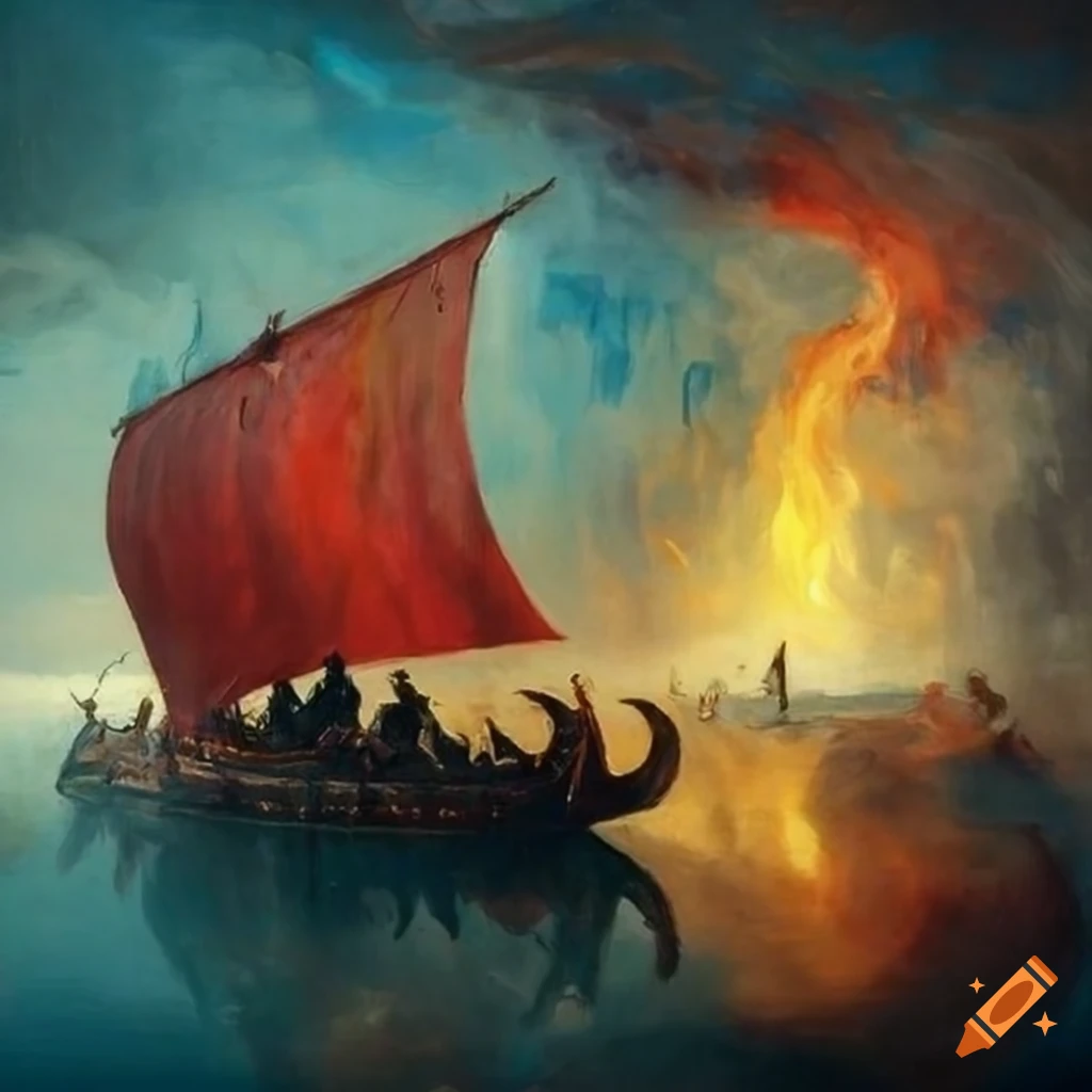 Cursed grokstad viking longship sailing into ragnarok on a sea of ...
