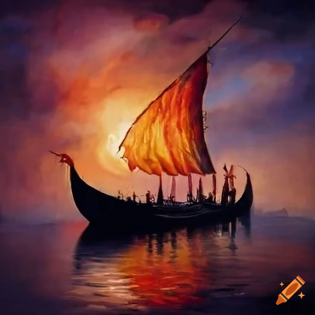 Cursed grokstad viking longship sailing into ragnarok on a sea of fire ...