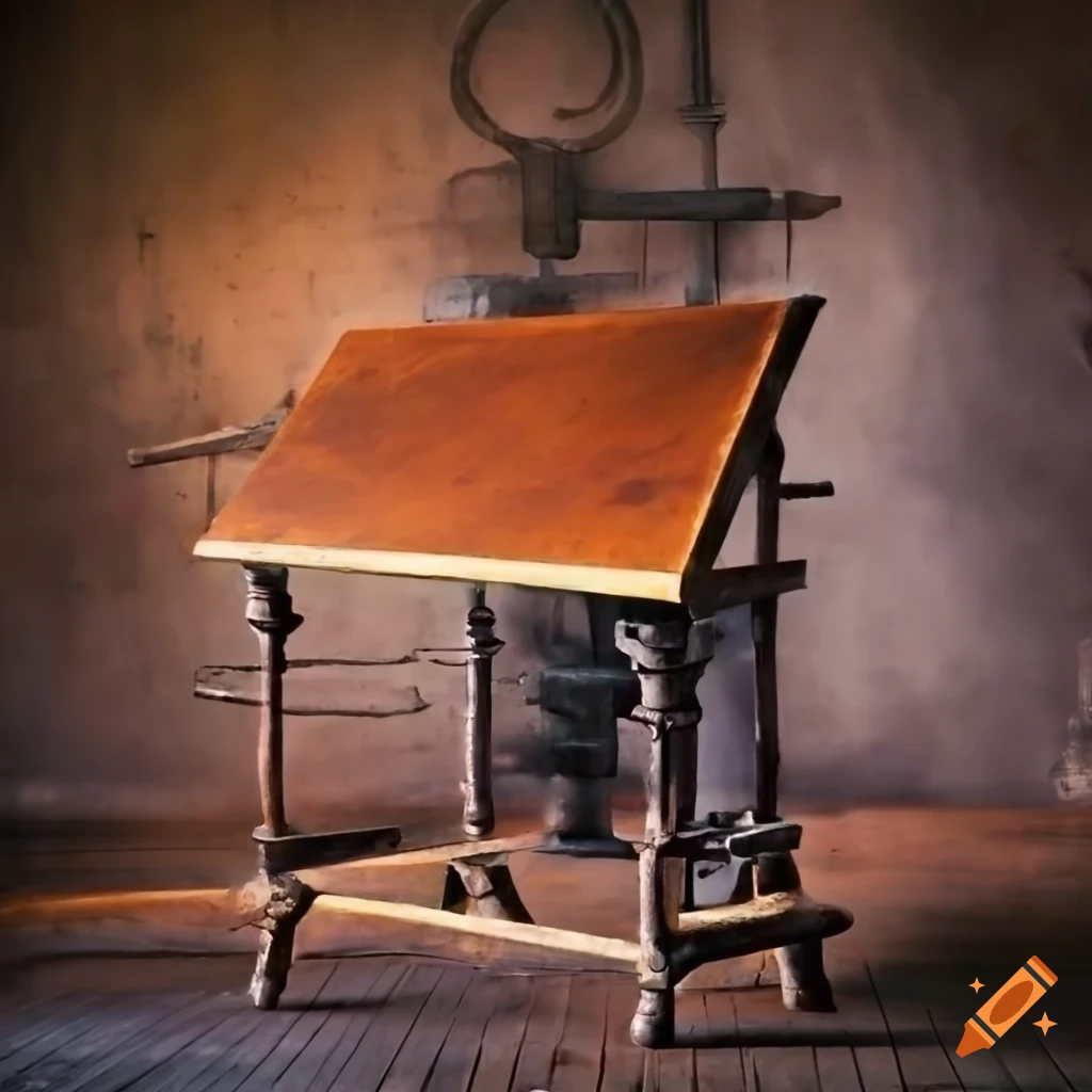 Antique drafting table with blacksmith forge in the background on Craiyon