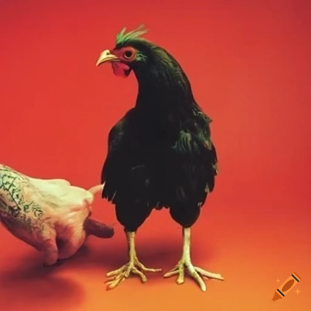 Retro punk rock album cover featuring a chicken as god on Craiyon