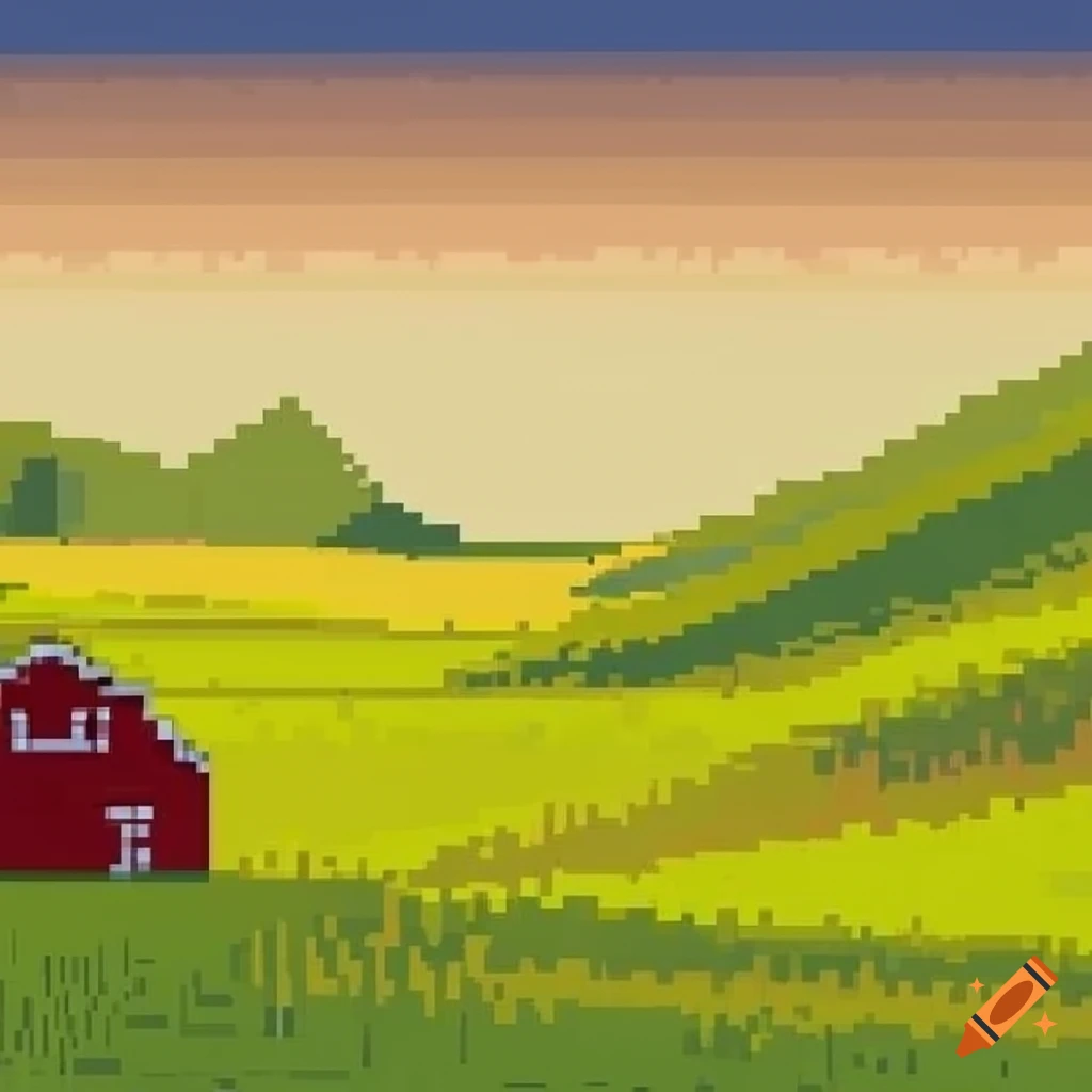 Simple farm scene with a vast open field in pixel art on Craiyon