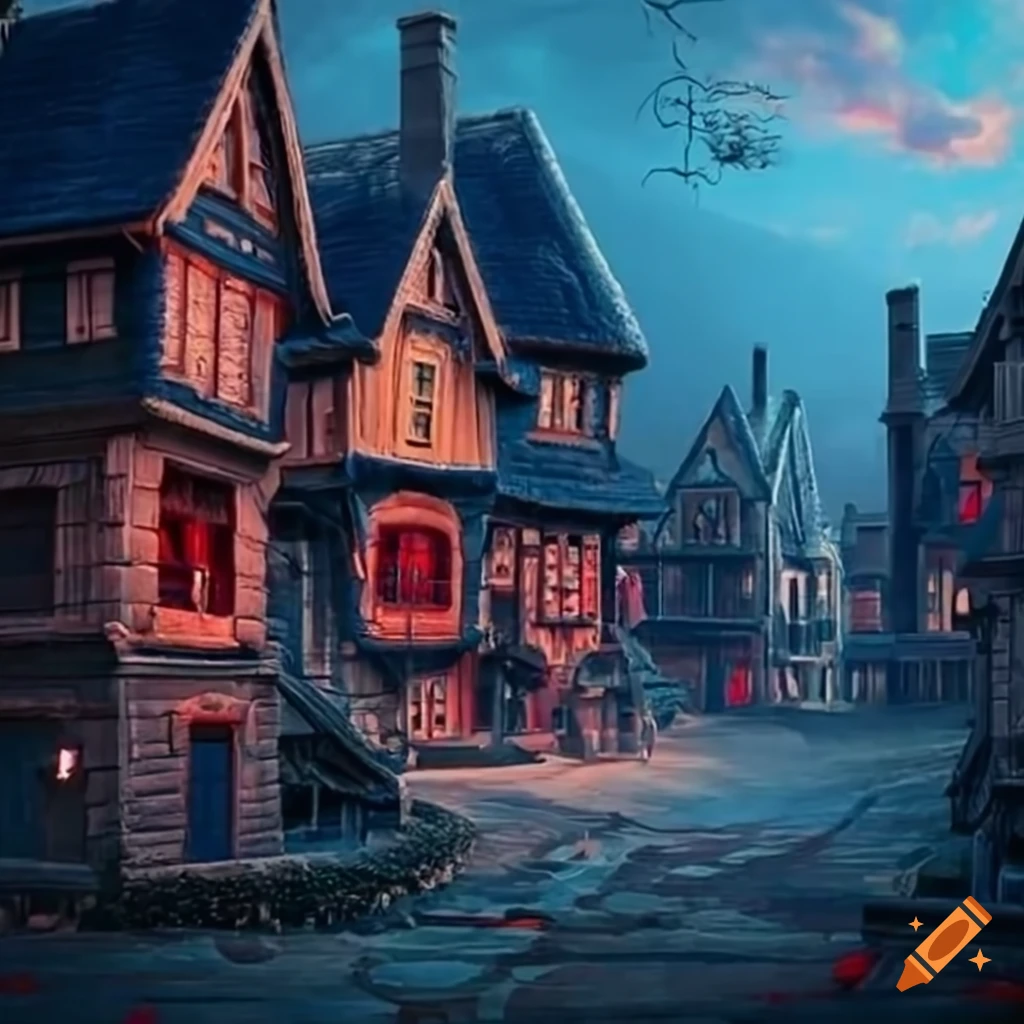 Sleepy hollow inspired village square with blue and dark red color ...