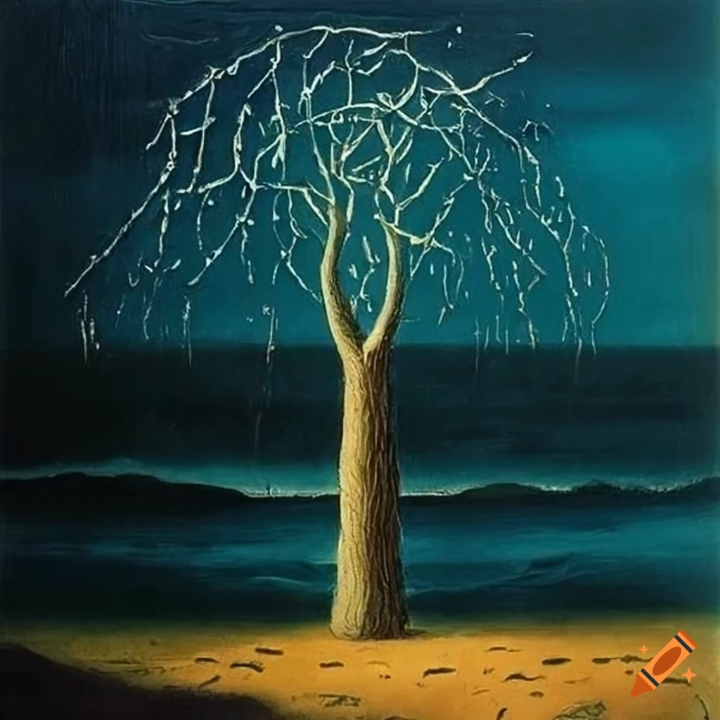 Tree with twisting branches and fish raining in artwork by rene ...