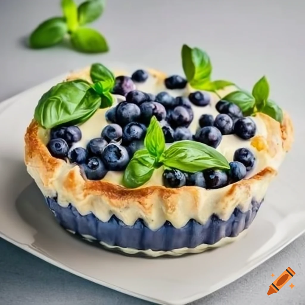Blueberry and goat cheese pie with fresh basil leaves on Craiyon