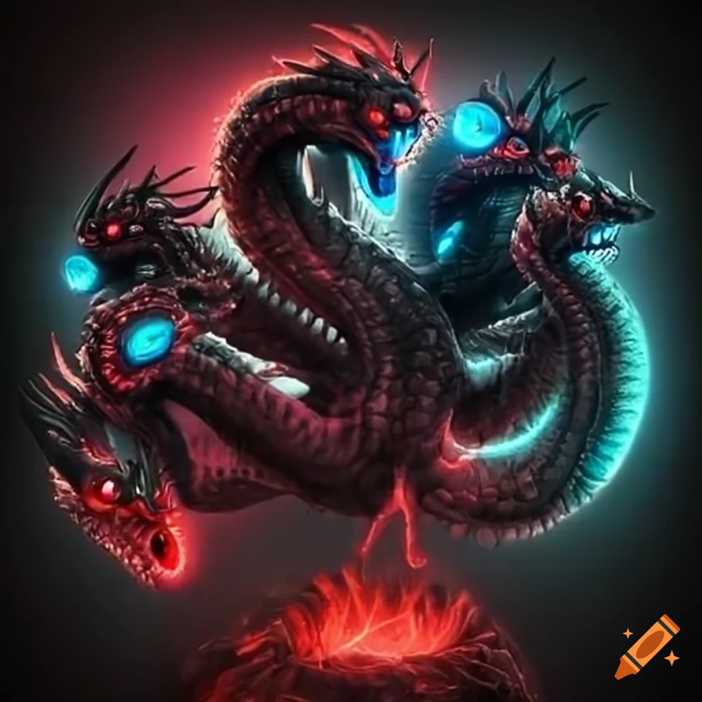 Sinister three-headed pitch black hydra with glowing red eyes and ...