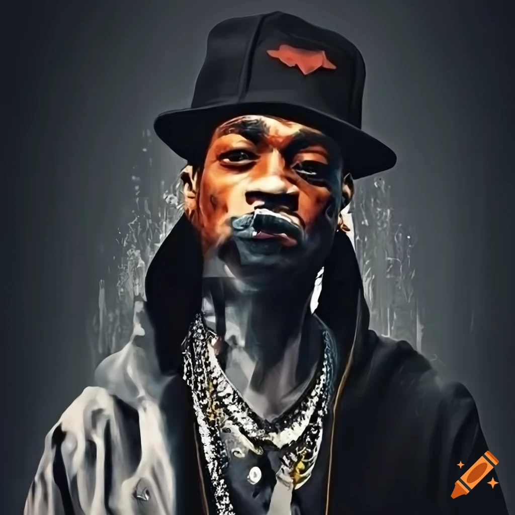Rapper dog in gangster rap poster with grungy image quality on Craiyon