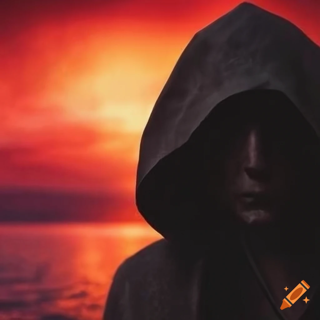Ferryman in hooded cloak emerging from flames under a blood red sunrise ...