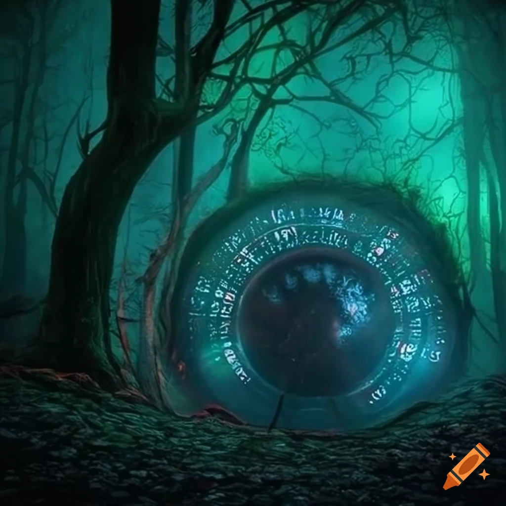 Luminous roulette wheel in a drab forest at night on Craiyon
